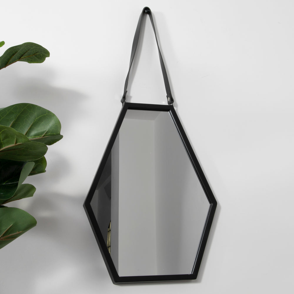 Hexagon Black Metal Mirror with Leather Strap – Rainhall
